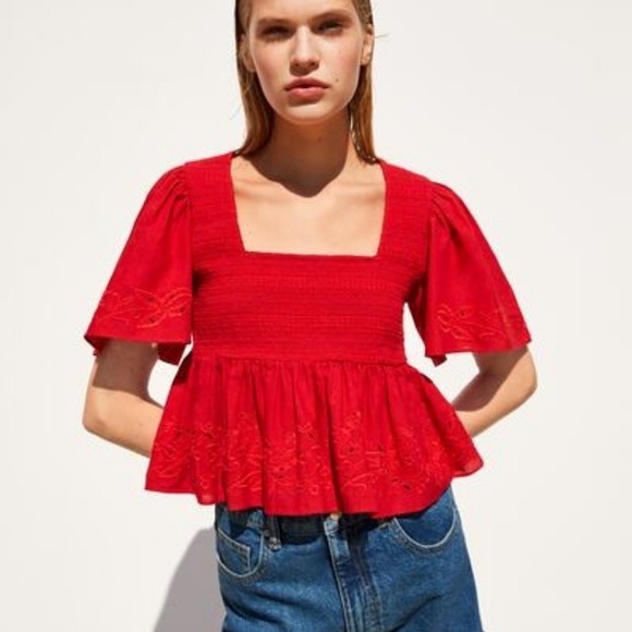 Zara | Tops | Zara Red Smocked Top | Poshmark